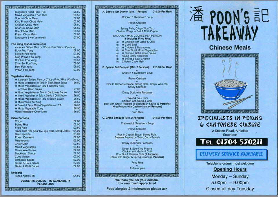 Menu at Poons fast food, Southport