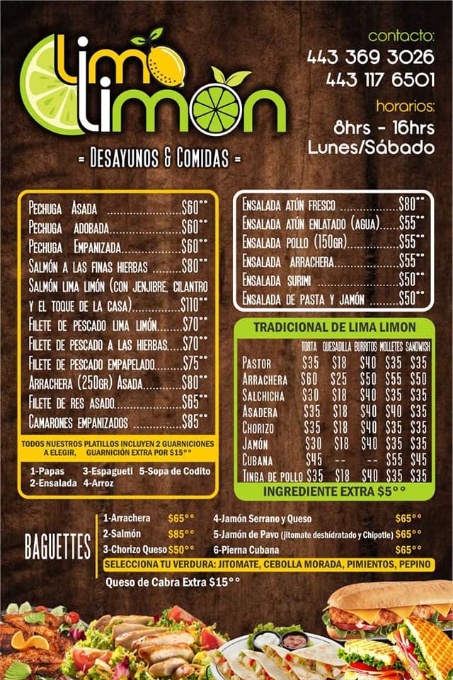 Carta del restaurante Lima Limón Centro, Tacámbaro del Codallos
