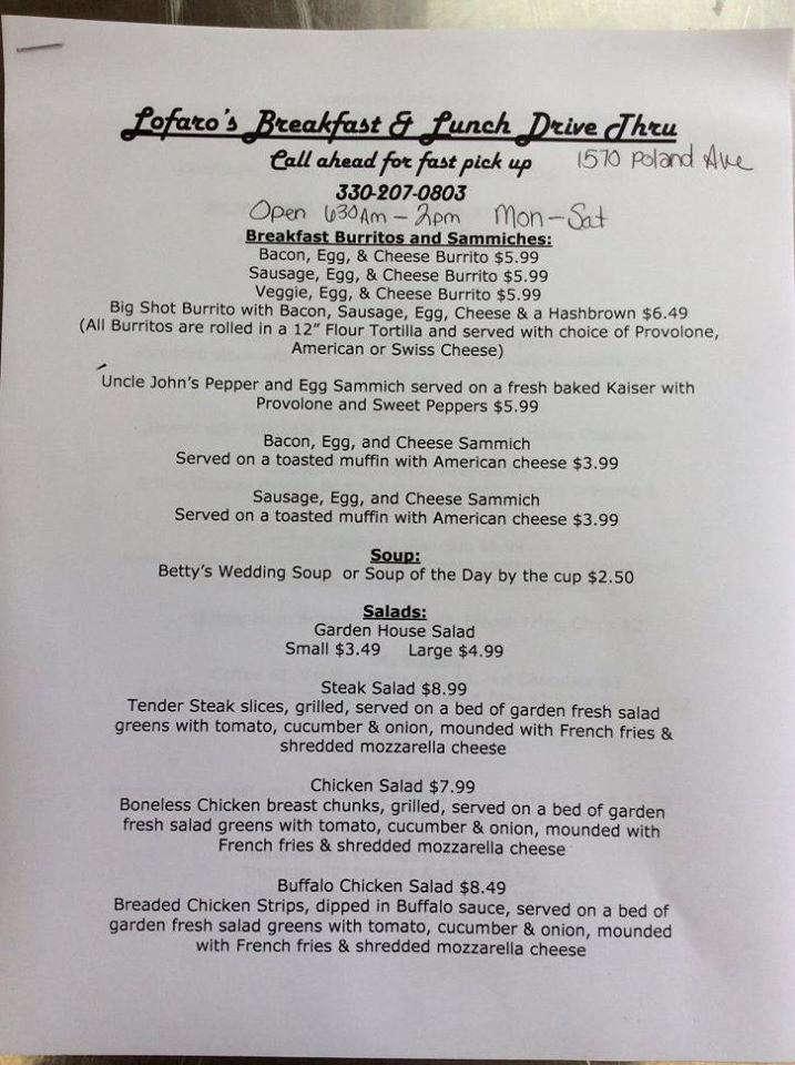 Menu at Lofaro's Drive-thru restaurant, Youngstown