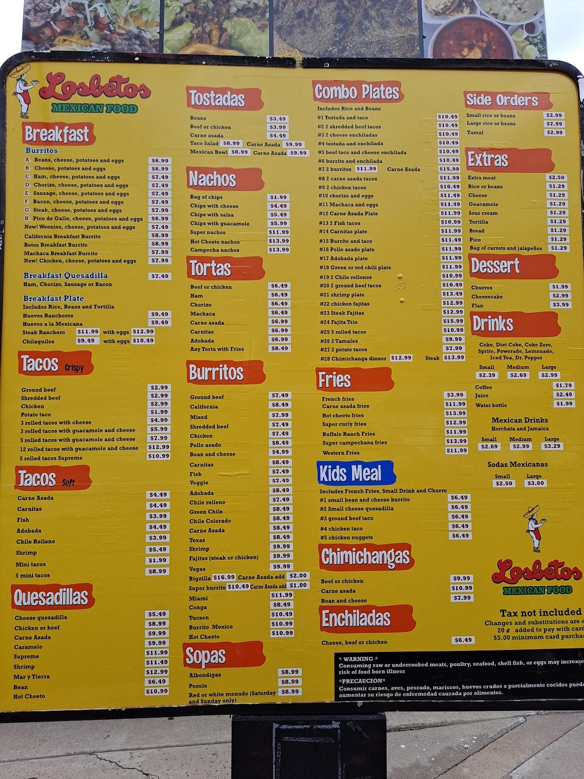 Menu at Los Betos restaurant, Tucson, W St Marys Rd