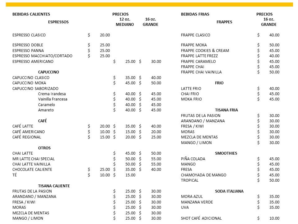 Menu at Mr. Latte Cafe, Hermosillo, Blvd. las Quintas 354-local 5 y 6
