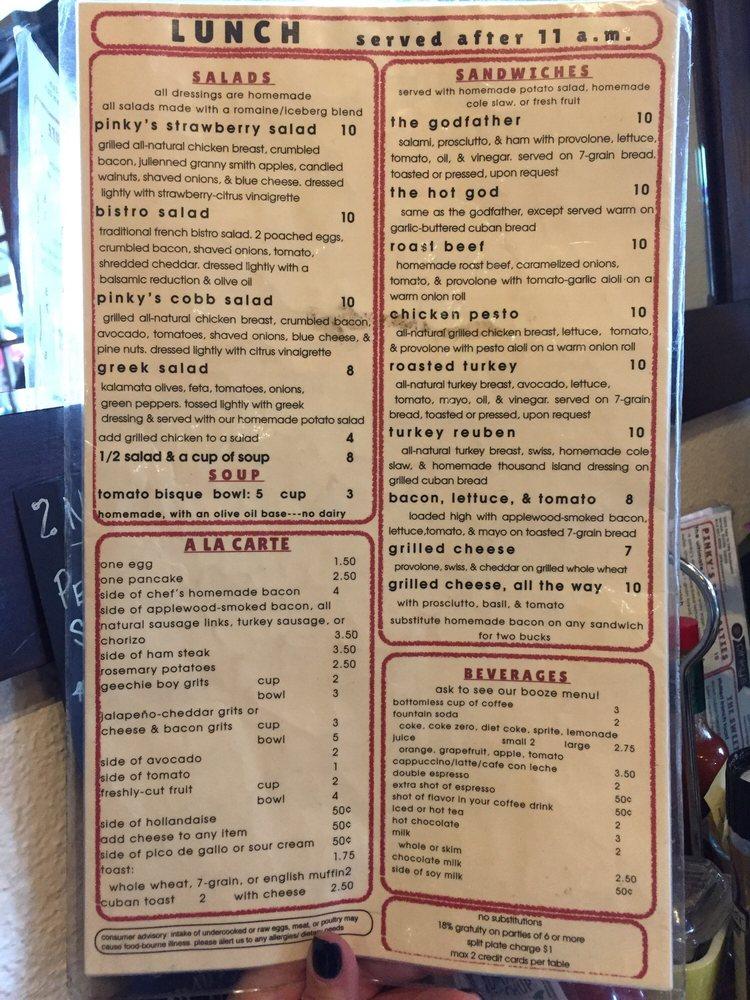 Menu at Pinky's Diner restaurant, Tampa