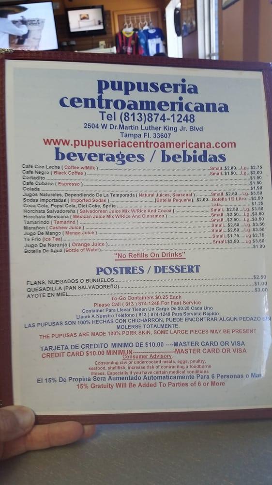 Menu at Pupuseria Centroamericana restaurant, Tampa