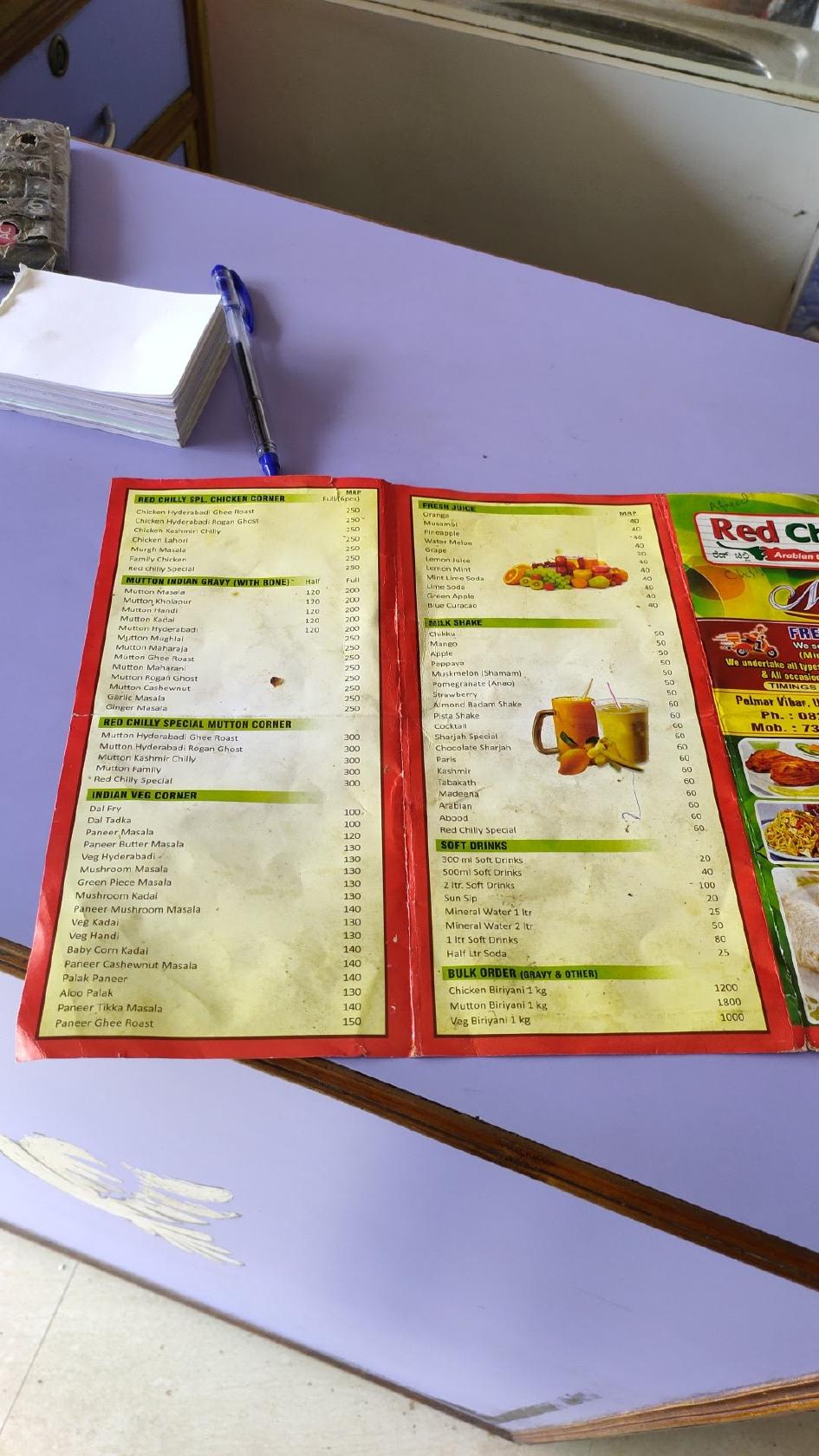 Menu at Red Chilli hut Hotel, Mangaluru