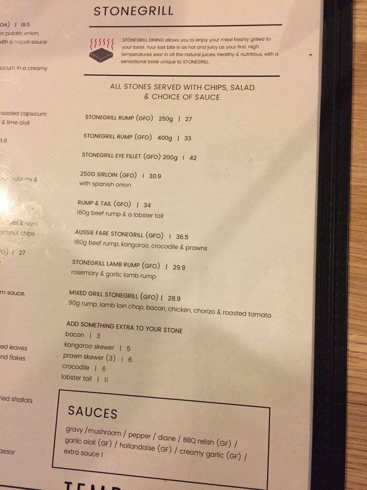Menu at Stonegrill restaurant, Adelaide