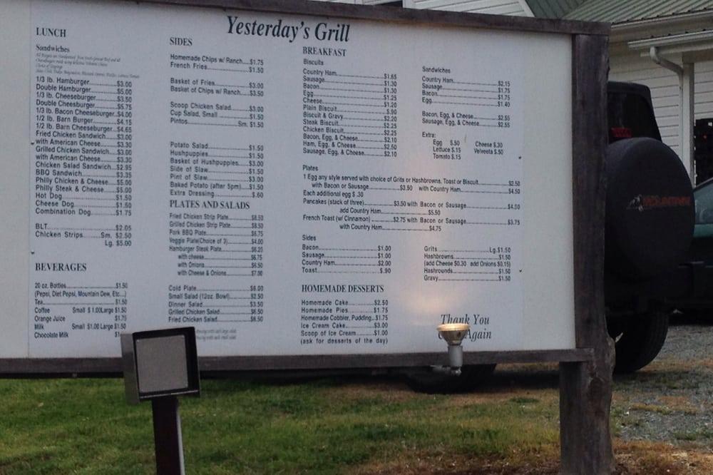Menu at Yesterday's Grill restaurant, Snow Camp