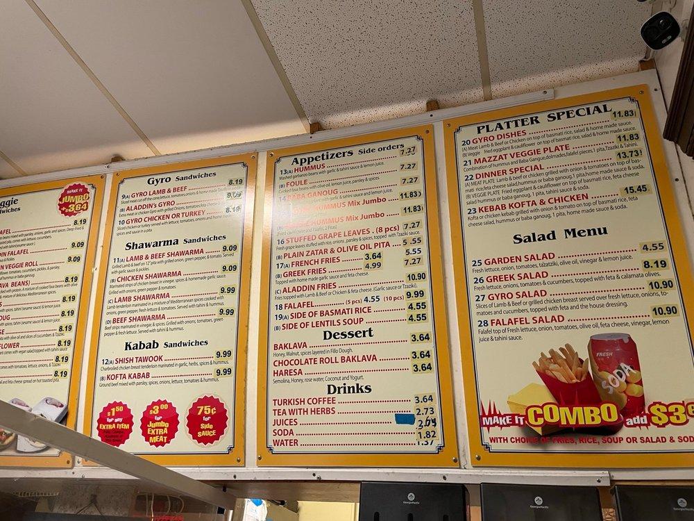 Menu at Aladdin Falafel Corner restaurant, Seattle