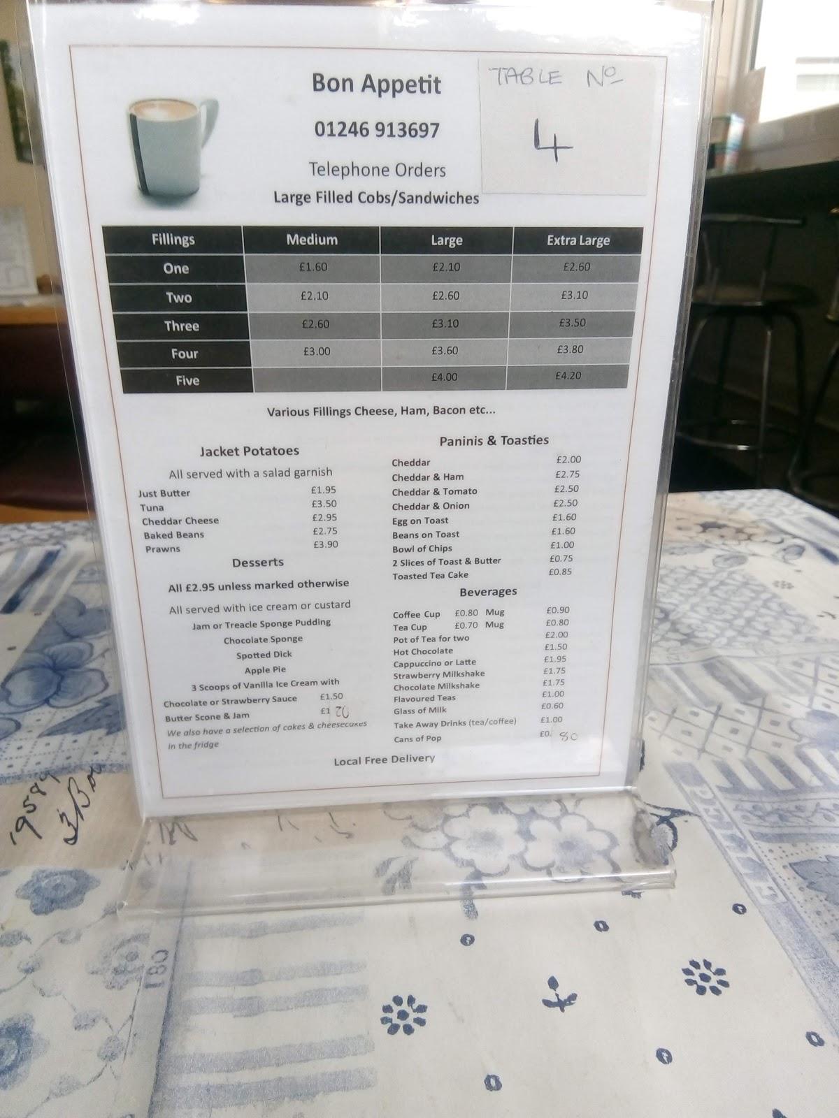Menu at Bon Appétit cafe, North Wingfield