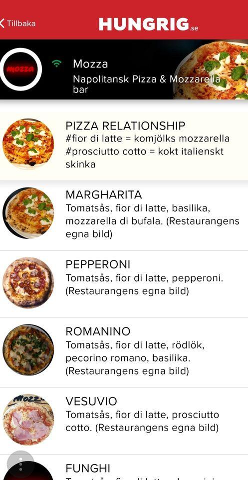 Menu at Mozza restaurant, Helsingborg
