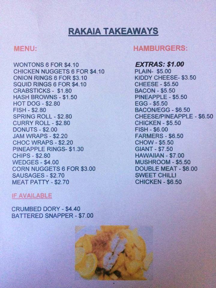 Menu at Rakaia Takeaways restaurant, Rakaia