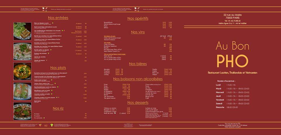 Menu at Au Bon Pho restaurant, Paris, 22 Rue au Maire
