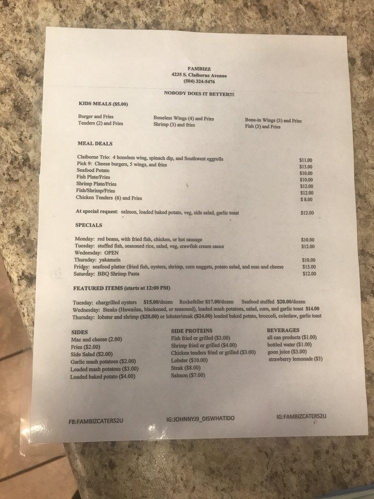Menu at Fam Bizz restaurant, New Orleans, S Claiborne Ave