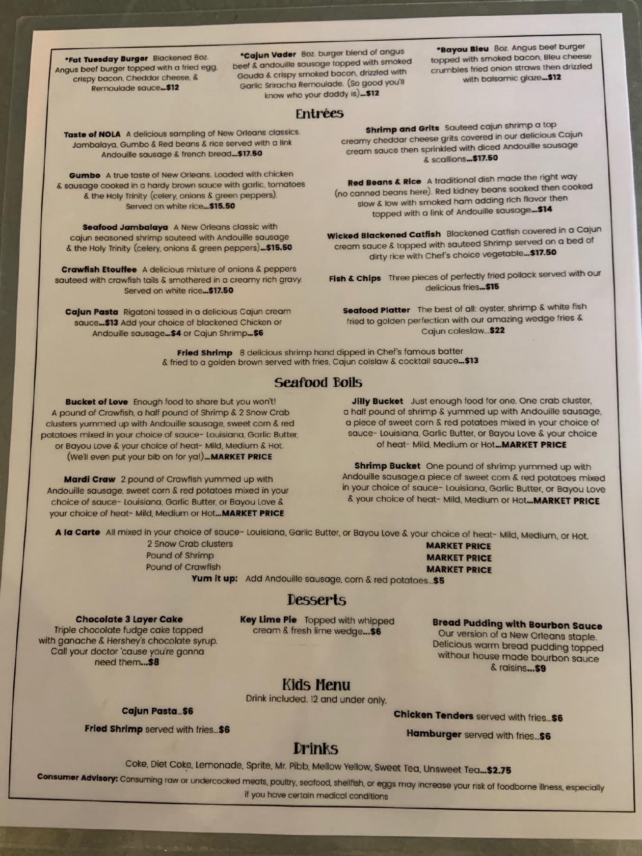 Menu at Fire on the Bayou restaurant, Orange City, 921 Town Center Dr #1100