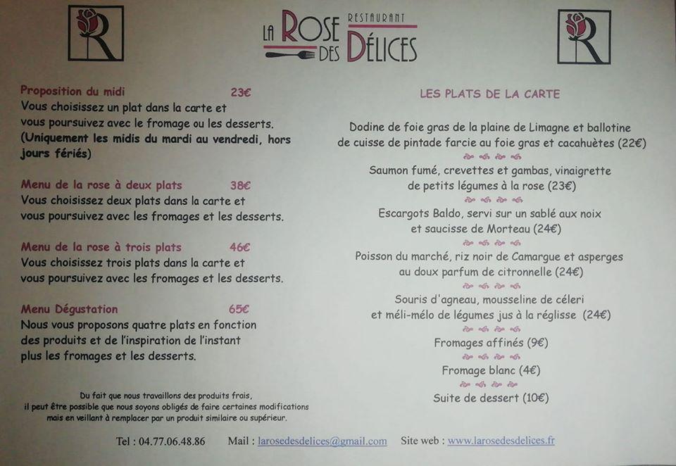 Menu au La Rose des Délices restaurant, Chambœuf