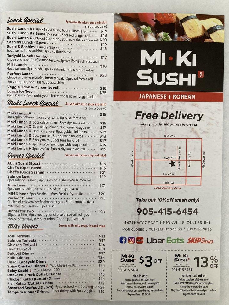 Menu at MiKi sushi restaurant, Markham