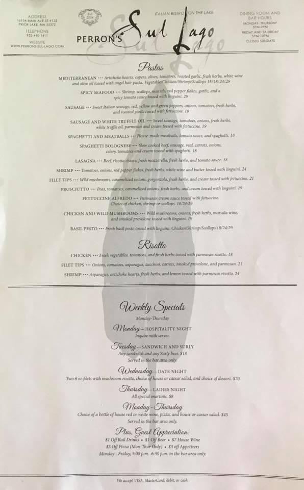 Menu at Perron's Sul Lago pub & bar, Prior Lake