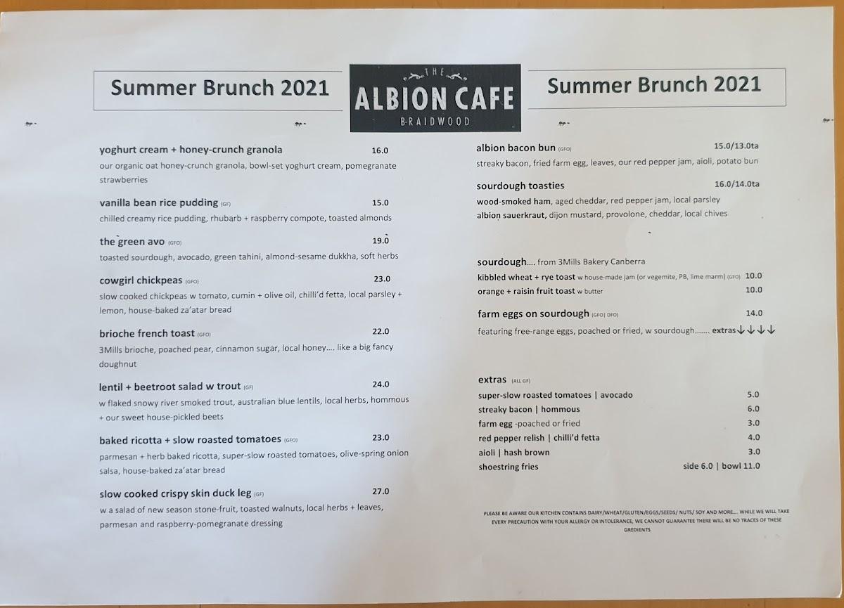 Menu at The Albion Cafe, Braidwood