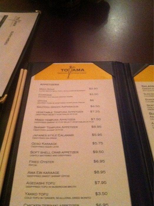 Menu at Toyama Restaurant, Scottsdale