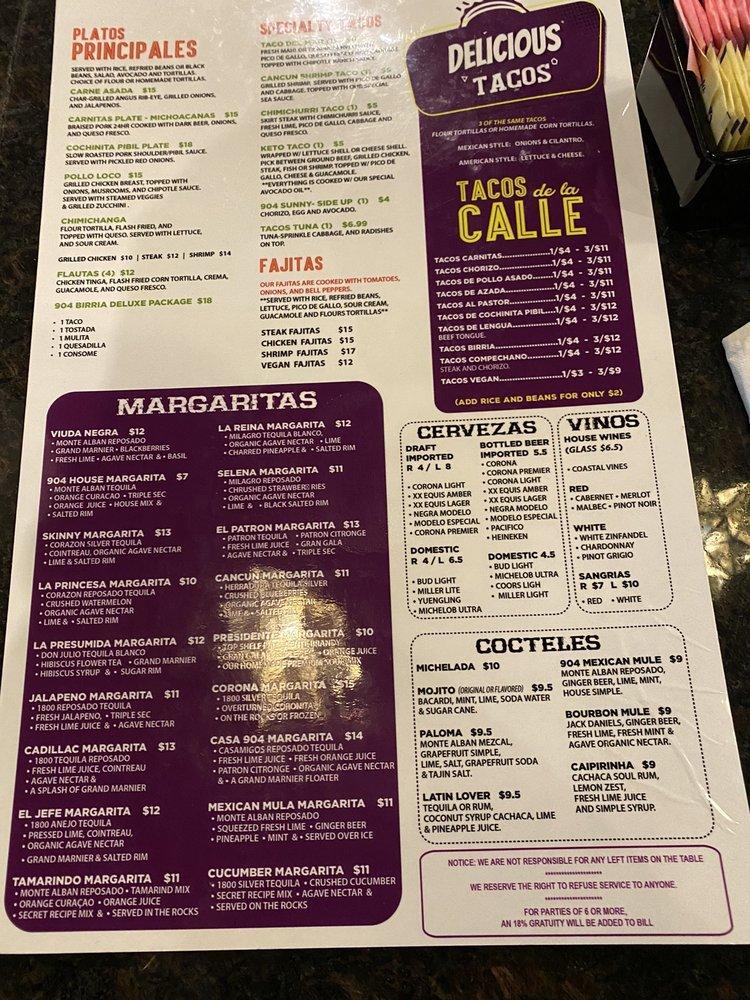 Menu at 904 Tacos Five Points Jacksonville pub & bar, Jacksonville