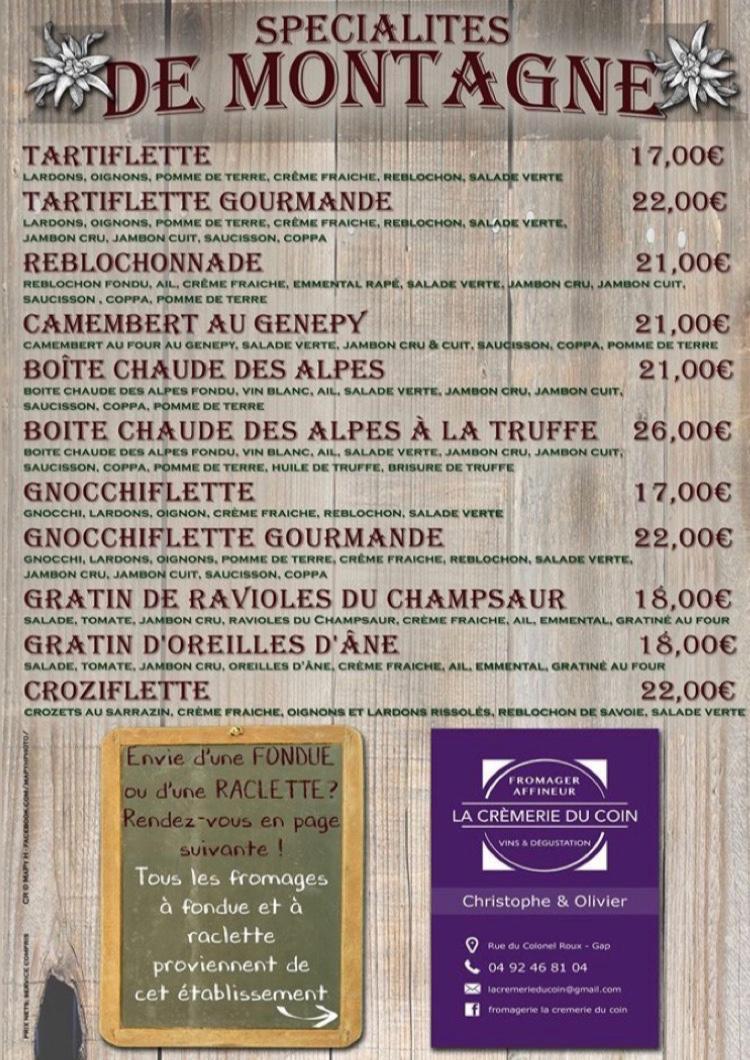 Menu at Chez Francis restaurant, Orcières