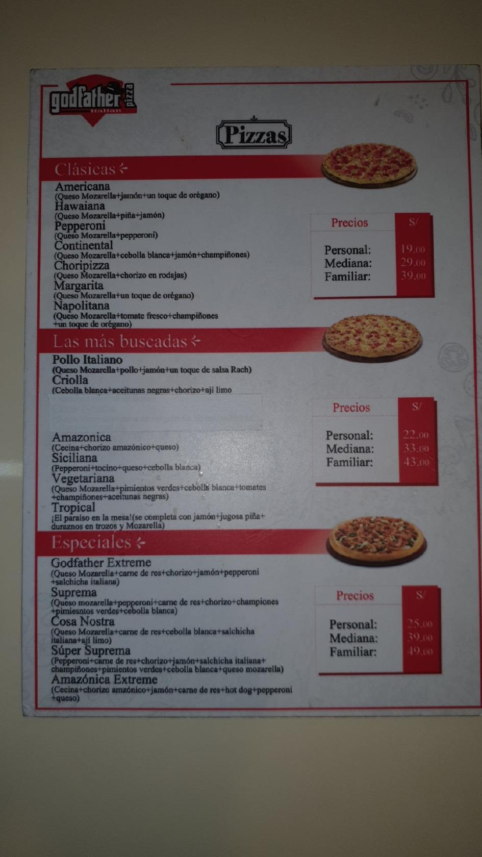 Menu at Godfather Pizza restaurant, Iquitos