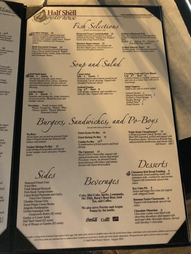 Menu at Half Shell Oyster House restaurant, Tuscaloosa