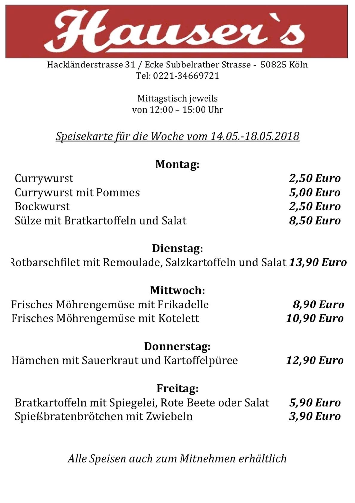 Menu at Hauser's pub & bar, Cologne