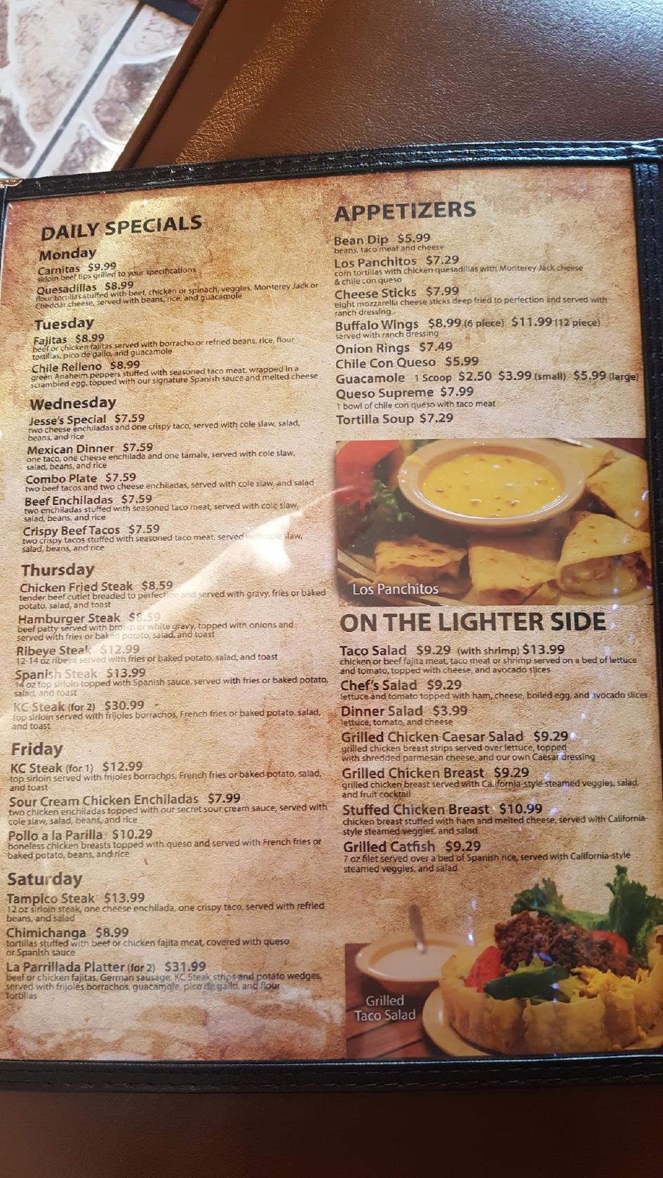 Menu at Los Panchitos restaurant, San Angelo, Pulliam St
