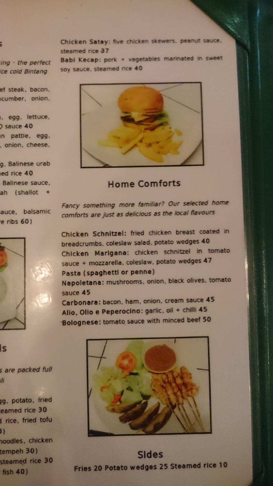 Menu at Ozone Café restaurant, Padangbai