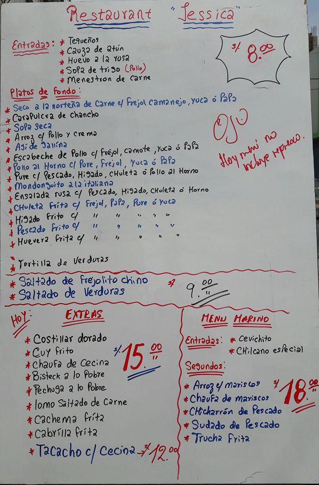 Carta de Restaurant Jessica, San Martín de Porres
