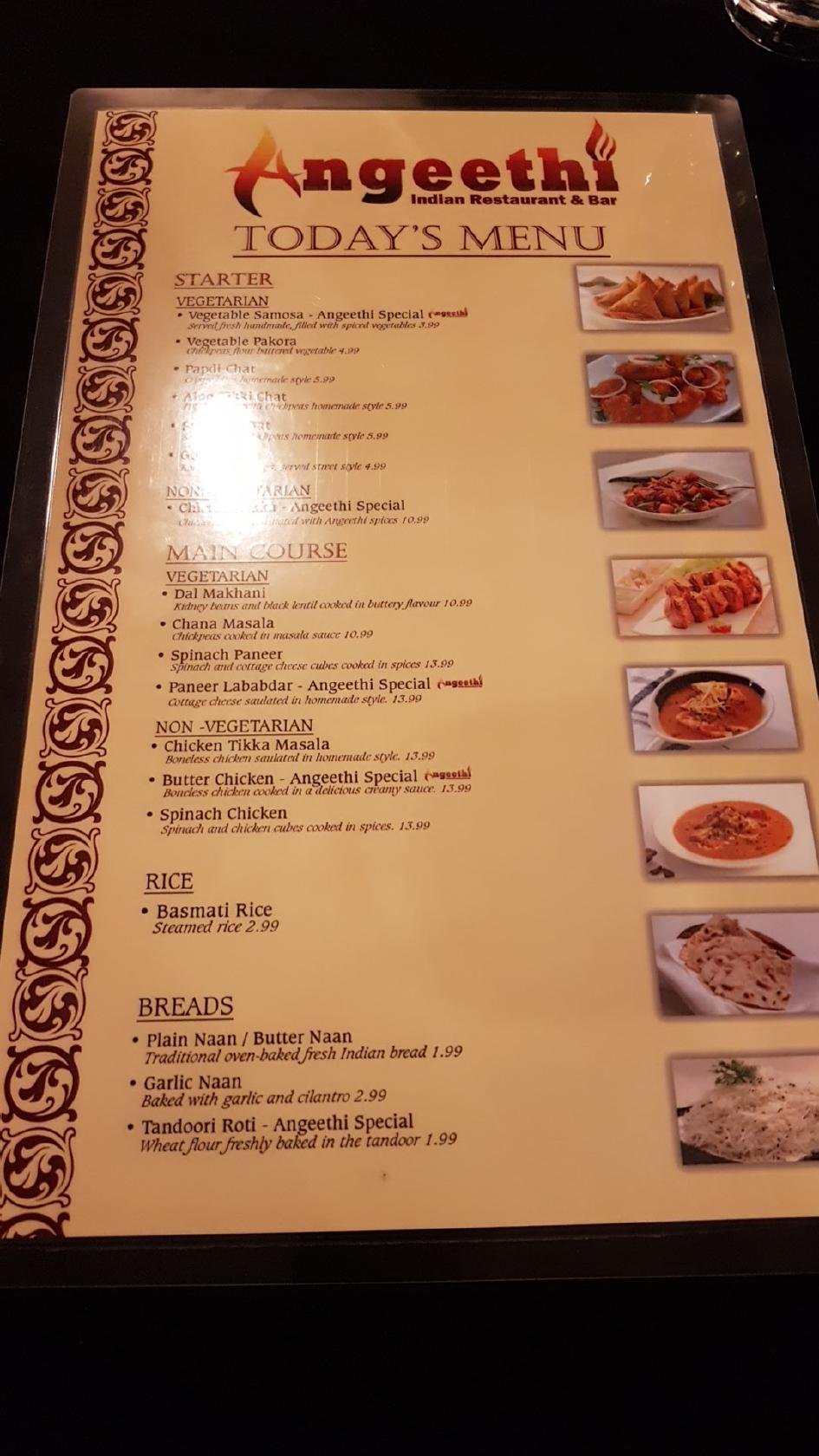 Carta del restaurante Angeethi Flame Fine Indian Bistro, Saskatoon
