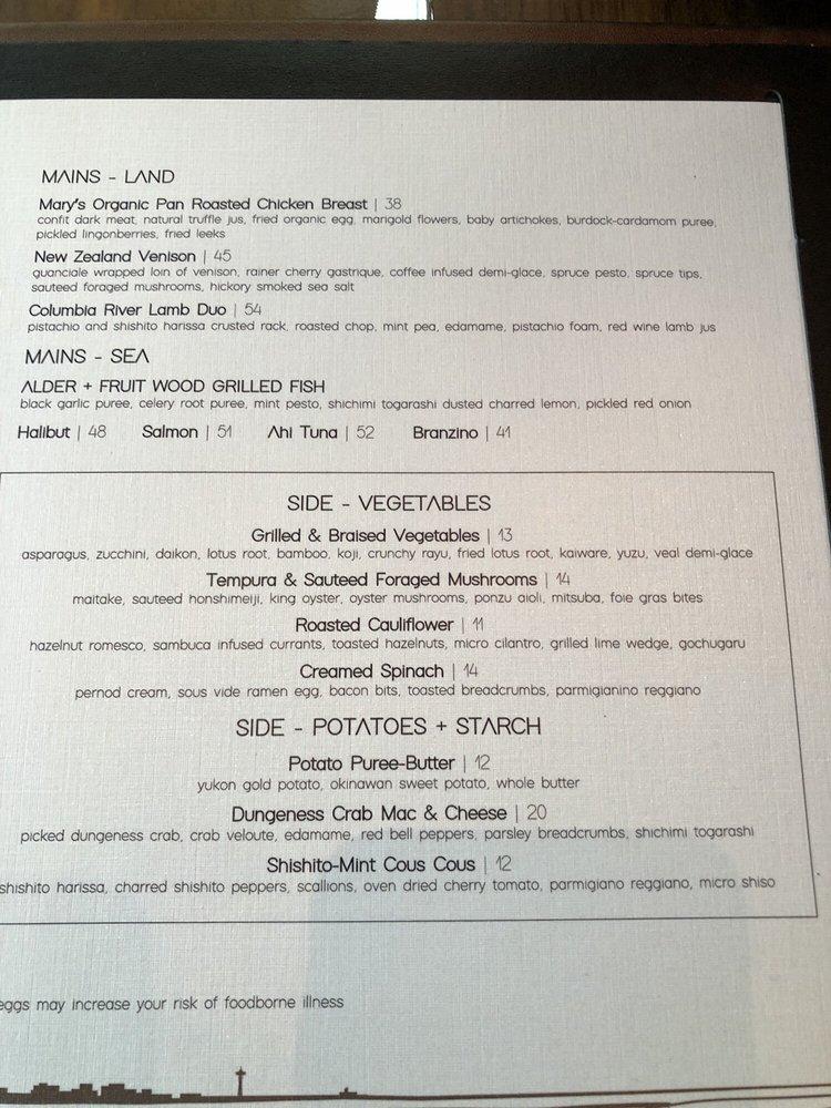 Menu at Ascend restaurant, Bellevue