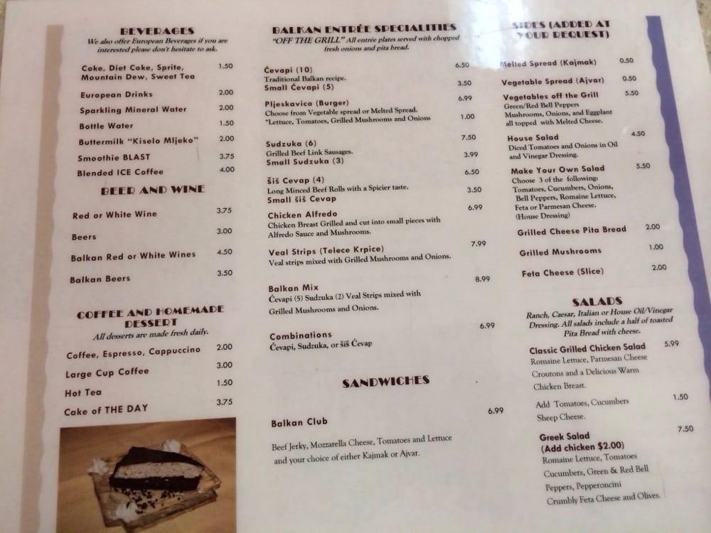 Menu at Balkan Cafe, Jacksonville