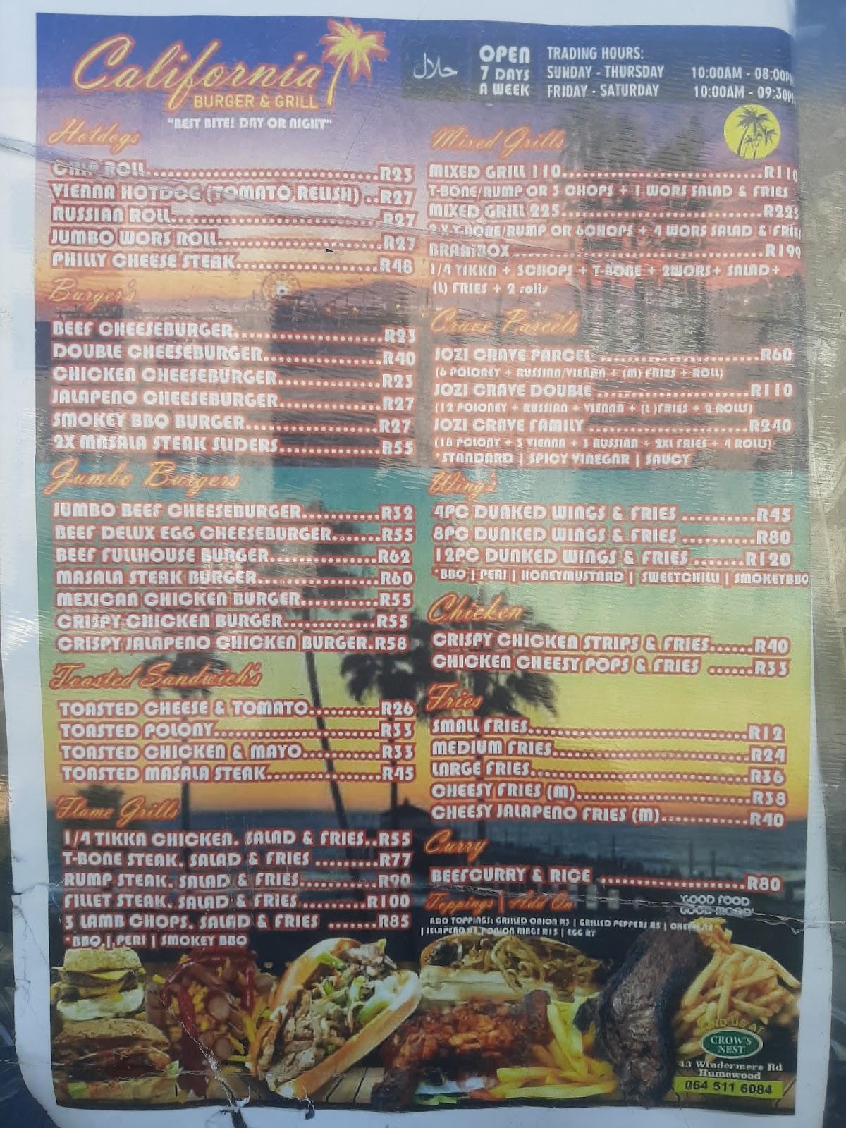 Menu at California Burger and Grill restaurant, Port Elizabeth