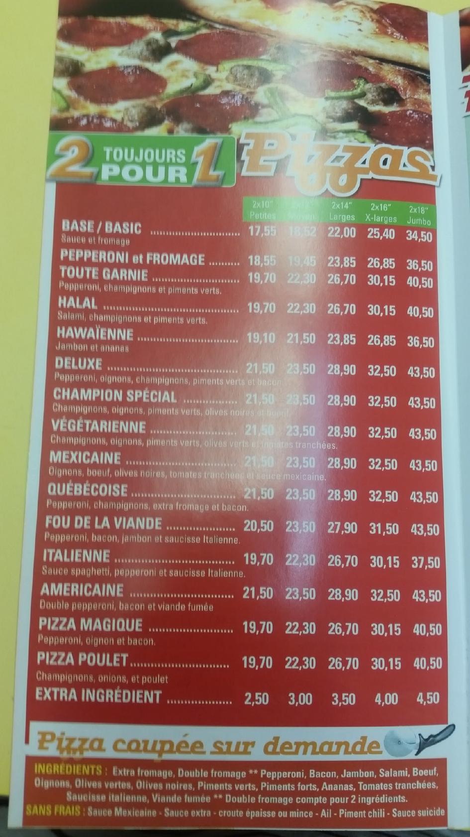 Menu au Pizza Champion Repentigny 2 pour 1 pizzeria, Repentigny