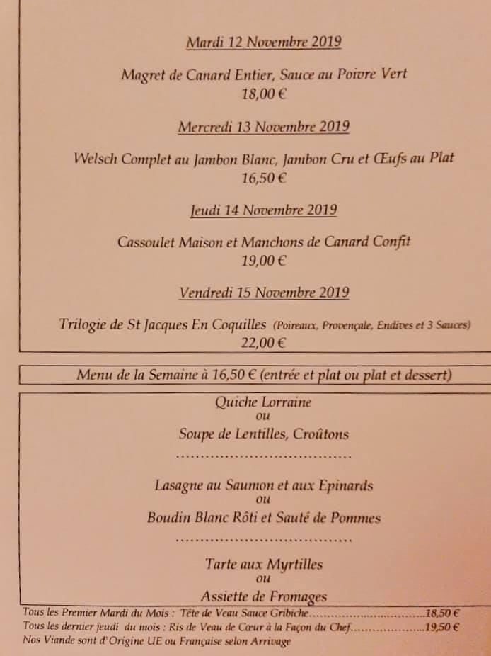 Menu au L'Alsacienne restaurant, Saultain