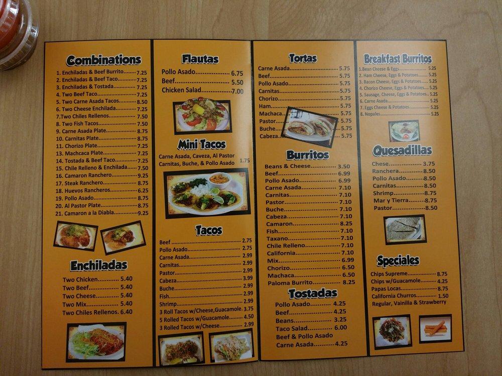 Menu at La Paloma Mexican Food restaurant, Indio