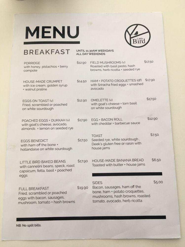 Menu at Little Bird cafe, Barton