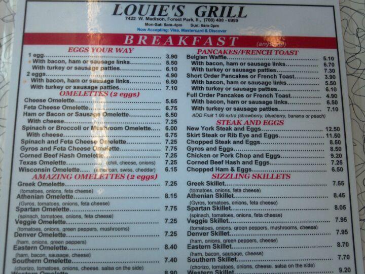 Menu at Louie's Grill restaurant, Forest Park