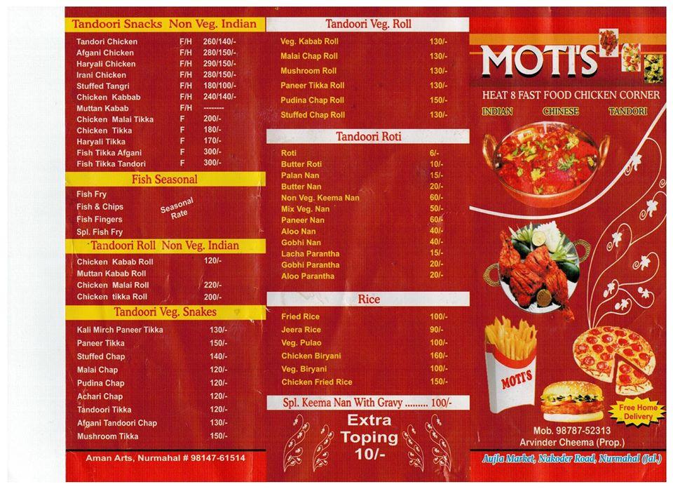 Menu at Motis heat 8 fast food chicken corner Nurmahal, Nurmahal