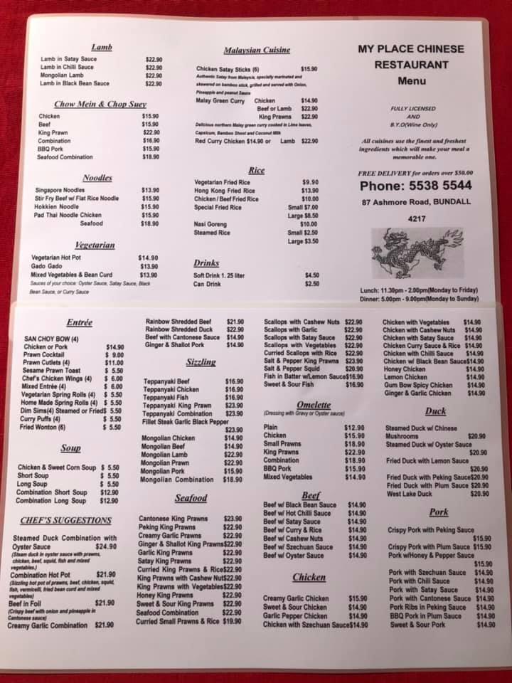 Menu at My Place Chinese restaurant, Bundall, 87 Ashmore Rd