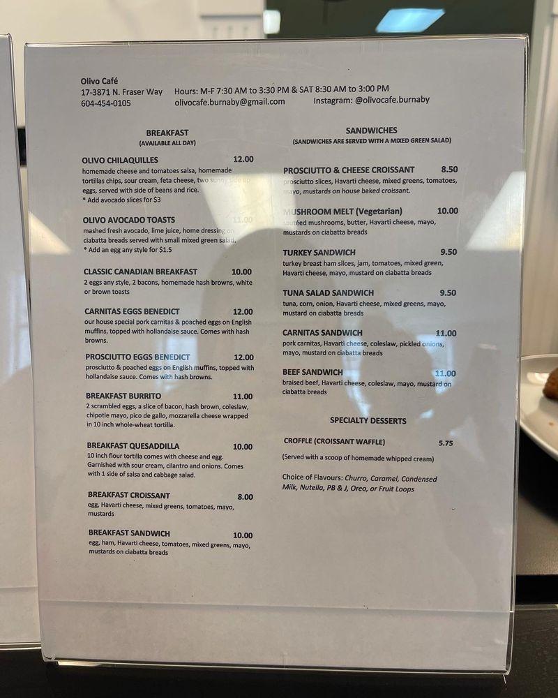 Menu at Olivo Cafe, Burnaby