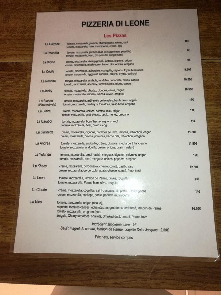 Menu at Pizzeria Di Leone, Lion-sur-Mer