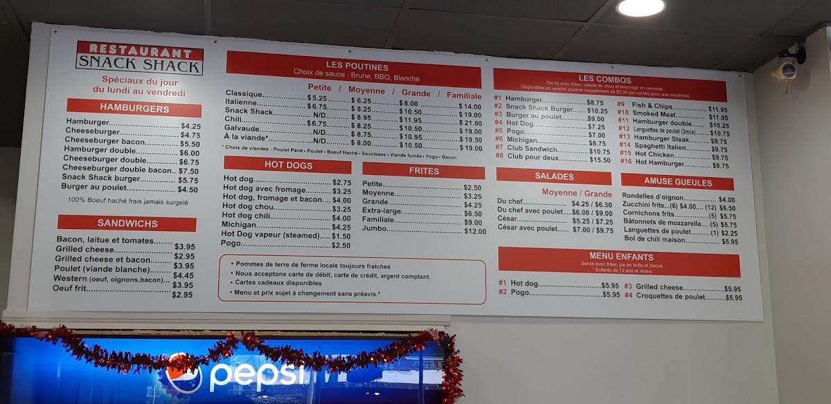 Menu at Snack Shack fast food, Gatineau