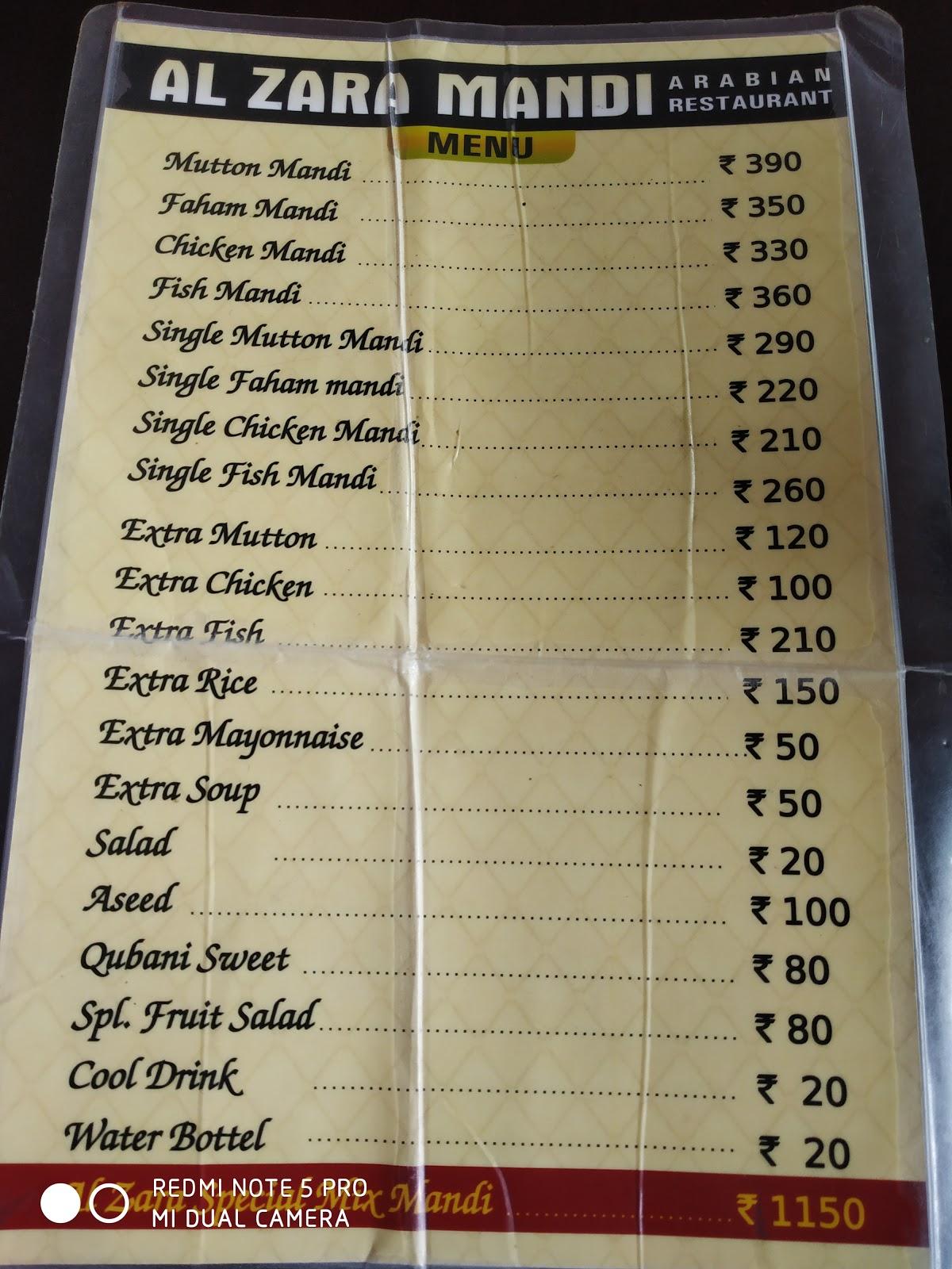 Menu at Al Zara Mandi Arabian Restaurant Hyderabad, India