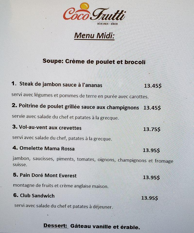 Menu at Coco Frutti Victoriaville pub & bar, Victoriaville