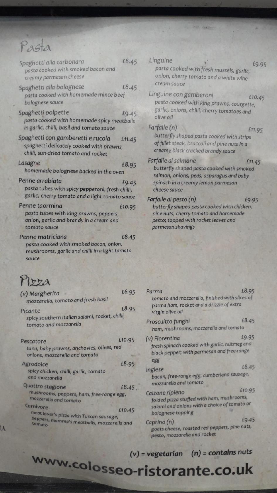 Menu at Colosseo restaurant, Birch Vale