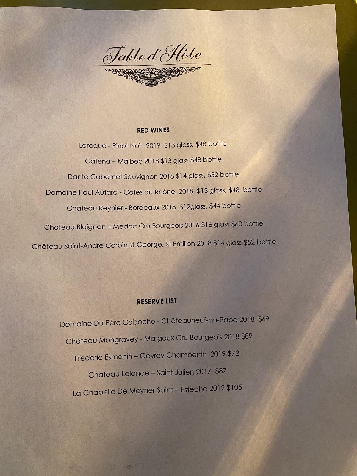 Menu at Table d'Hôte restaurant, New York City