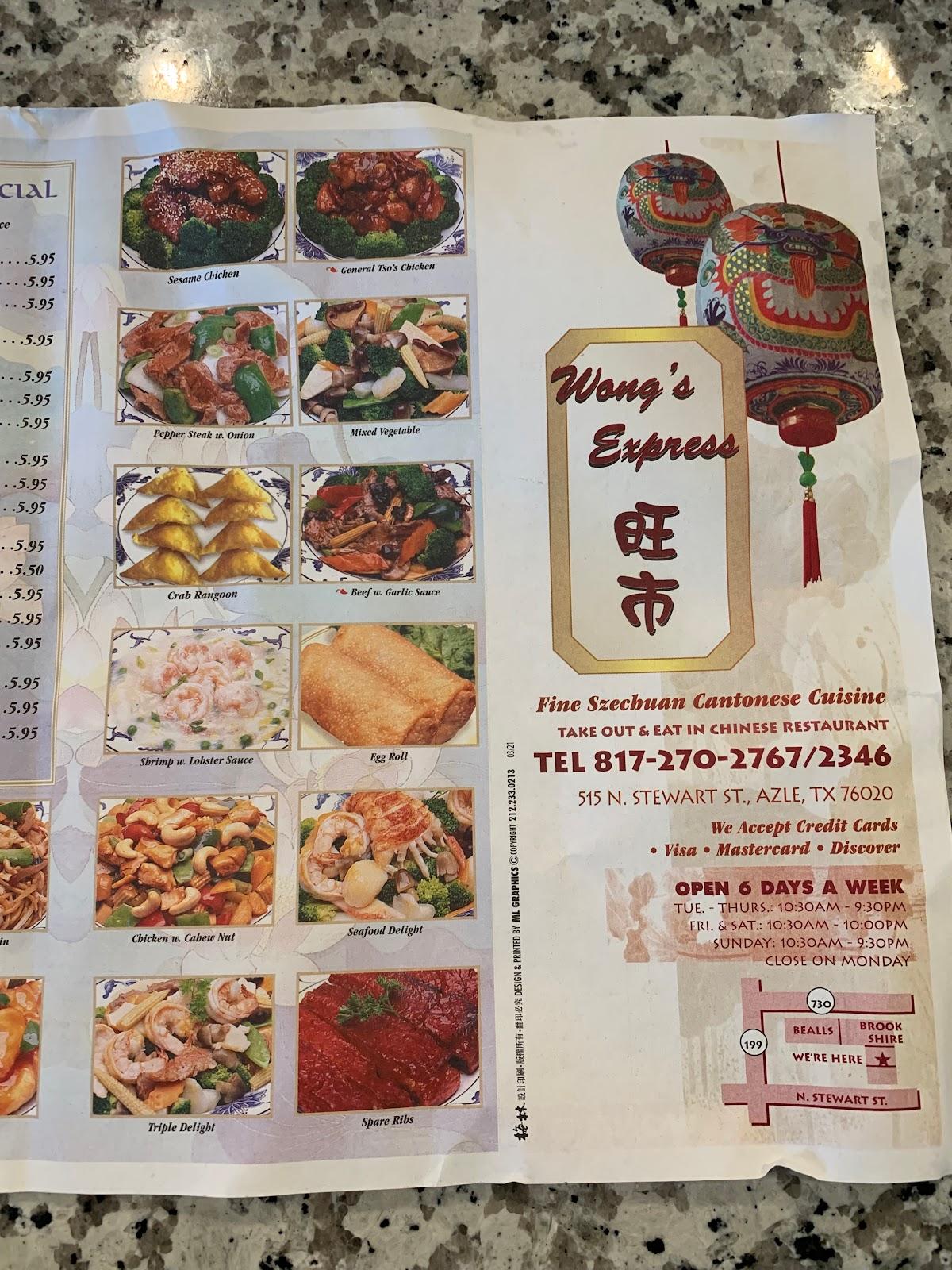 Menu at Wong's Express restaurant, Azle