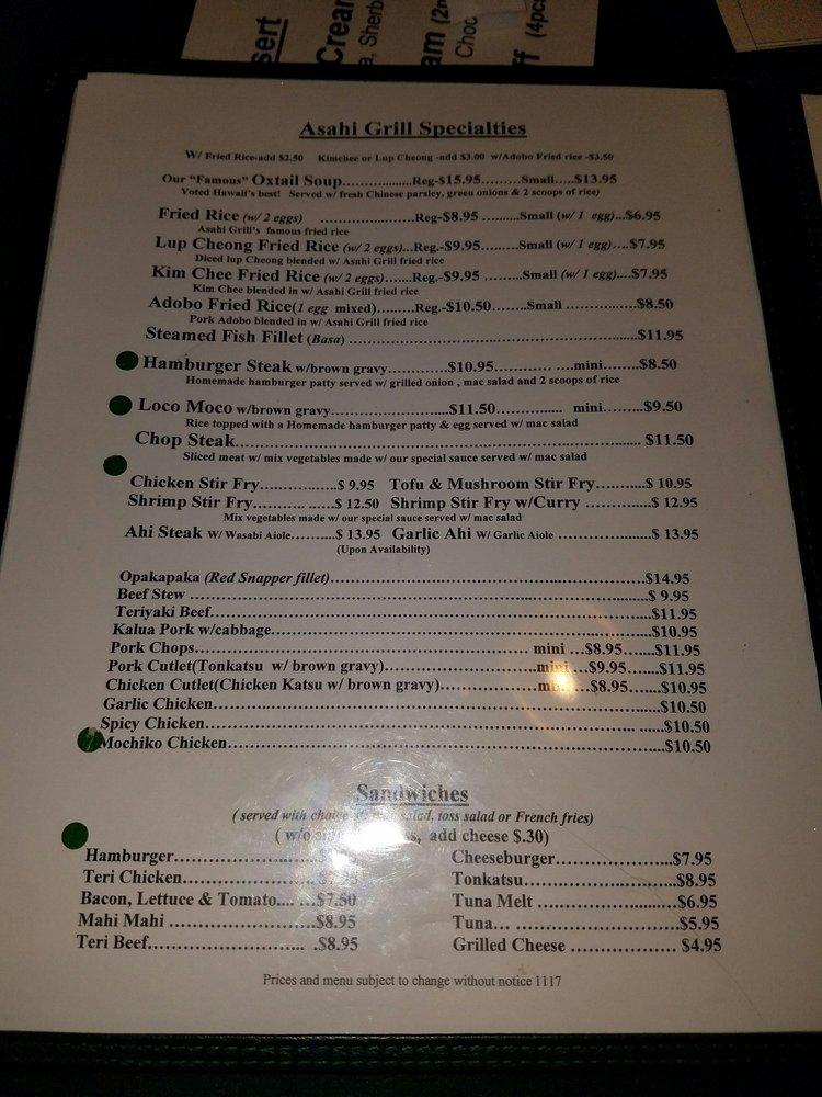Menu at Asahi Grill Ward restaurant, Honolulu, 515 Ward Ave